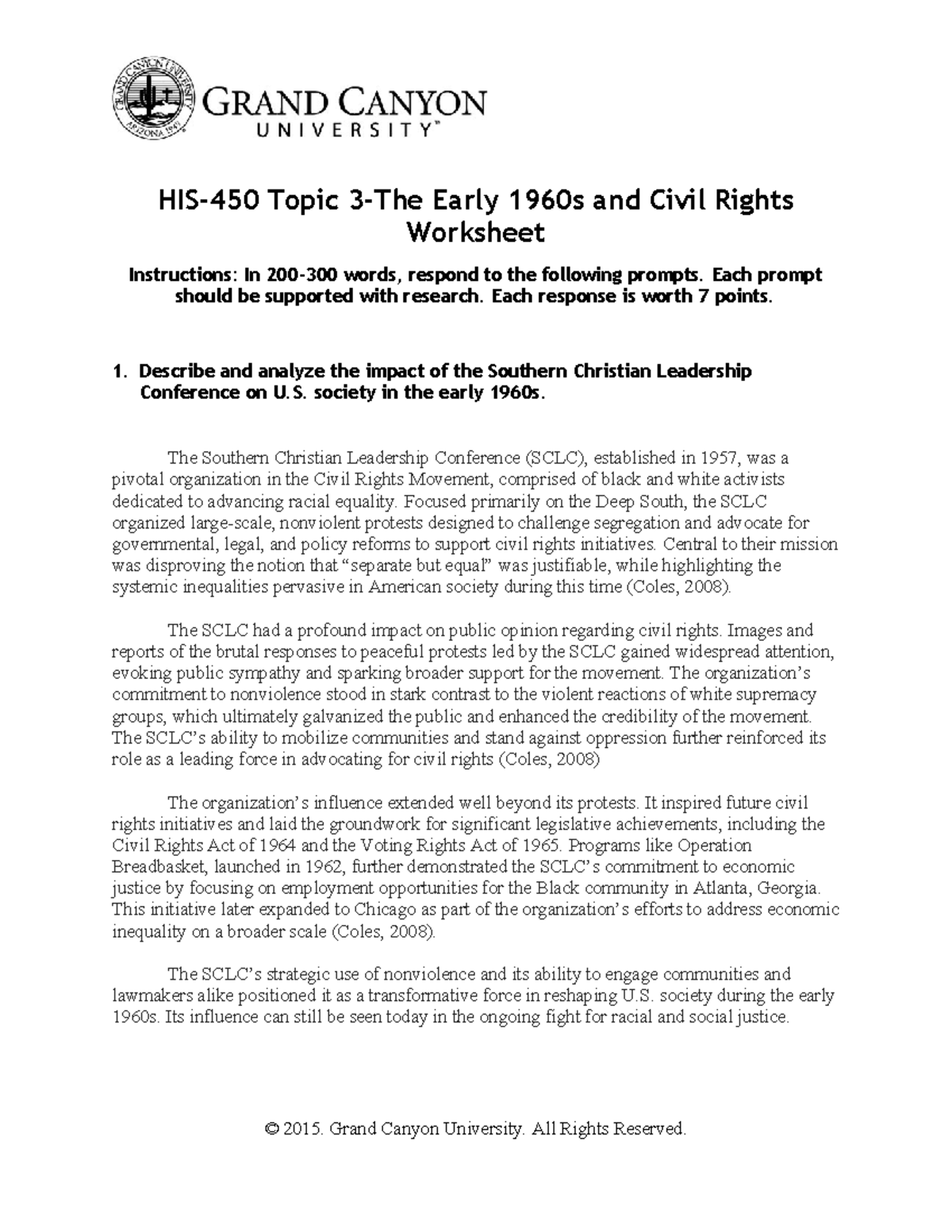 The Early 1960sand Civil Rights Worksheet - HIS-450 Topic 3-The Early ...
