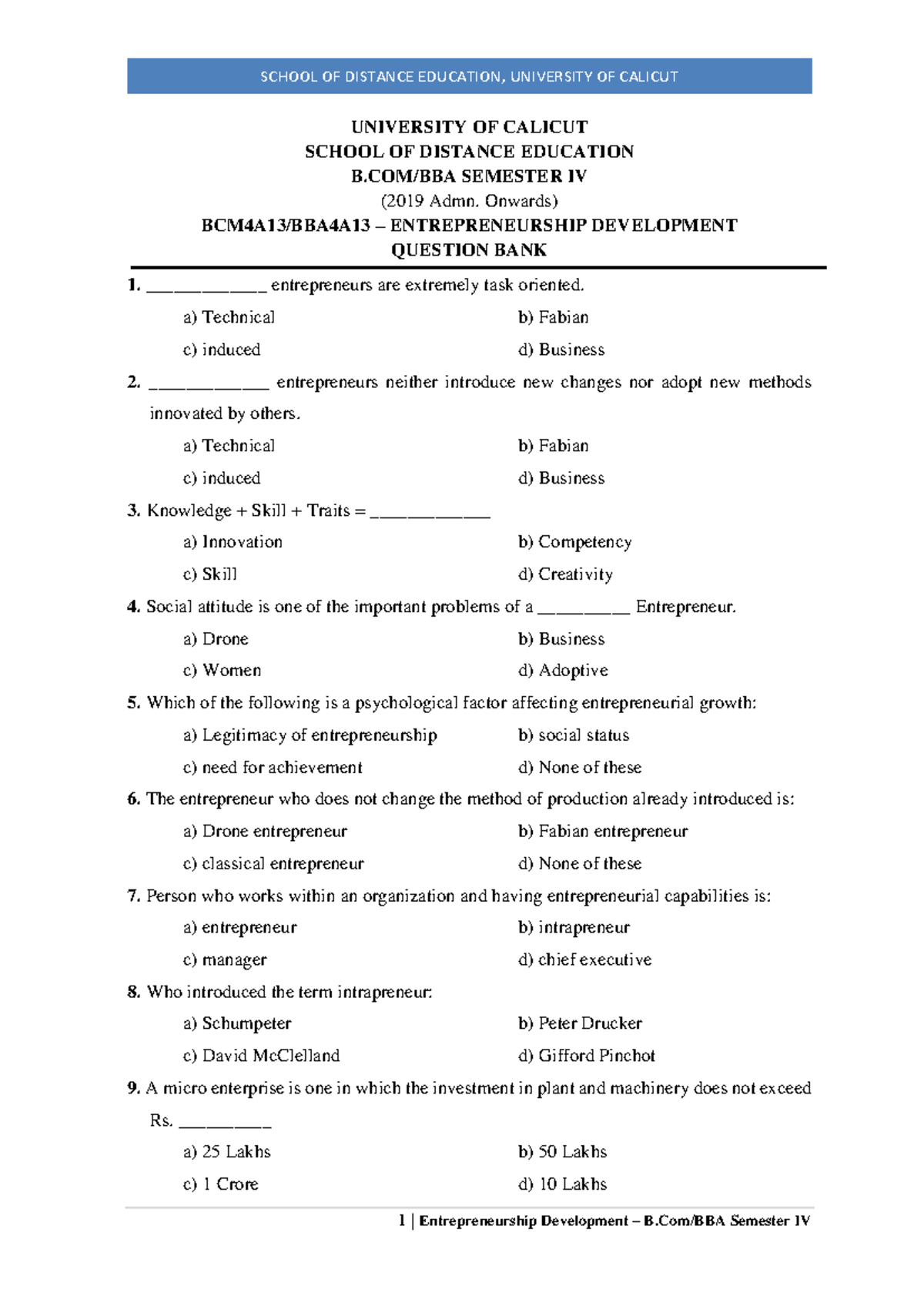 Entrepreneurship Development MCQ Question Bank - B.COM-BBA Semester IV ...