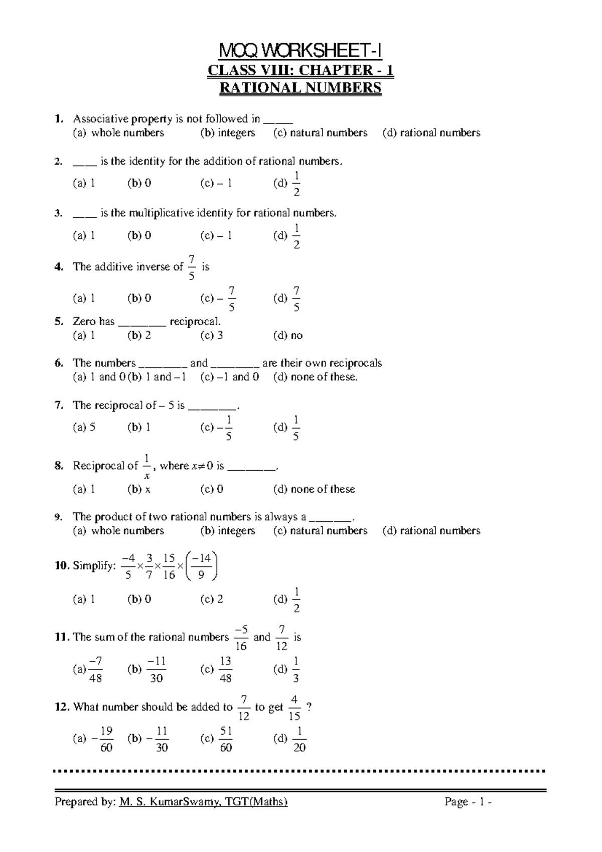 Class VIII Maths - Rational Numbers MCQ Question Bank - Studocu