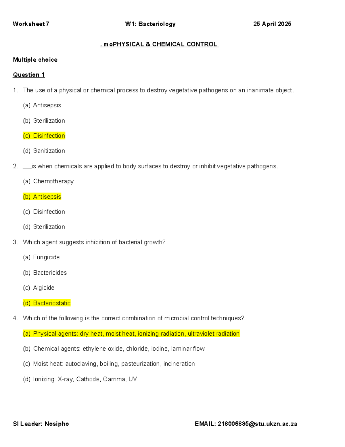 Micro 213 Worksheet 7: Bacteriology Control Techniques Memo - Studocu
