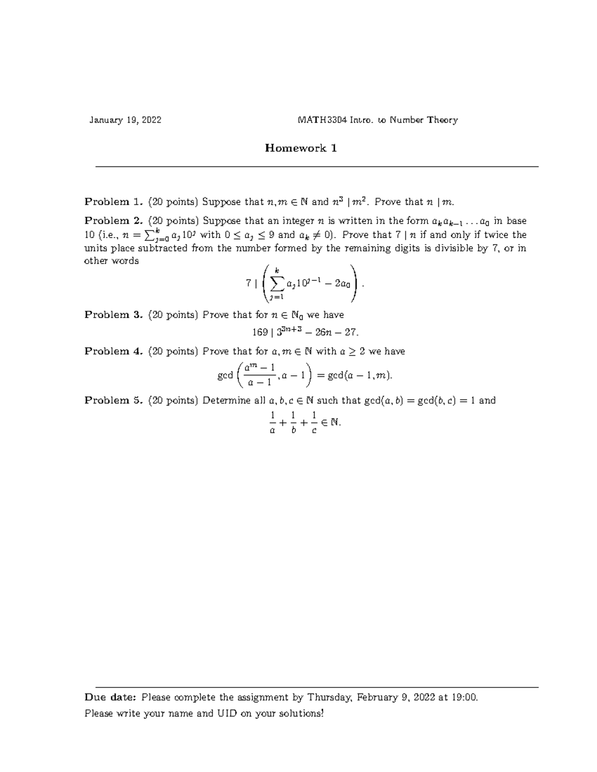 Homework 1 - January 19, 2022 MATH3304 Intro. to Number Theory Homework ...