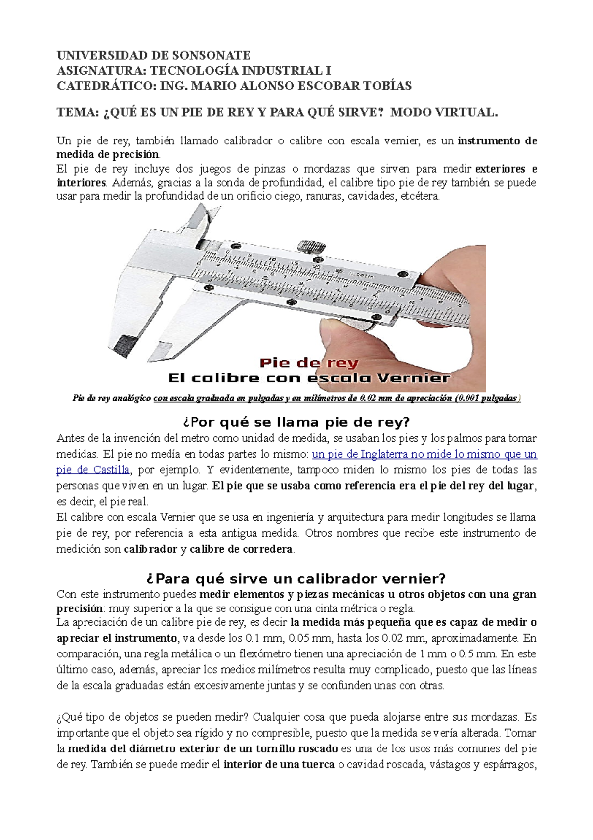 ¿Qué Es un Pie de Rey y Su Uso en Tecnología Industrial I? - Studocu