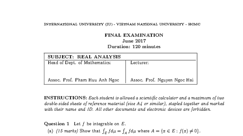 Real Analysis (REAL) Final Exam Solutions - June 2017 - Studocu