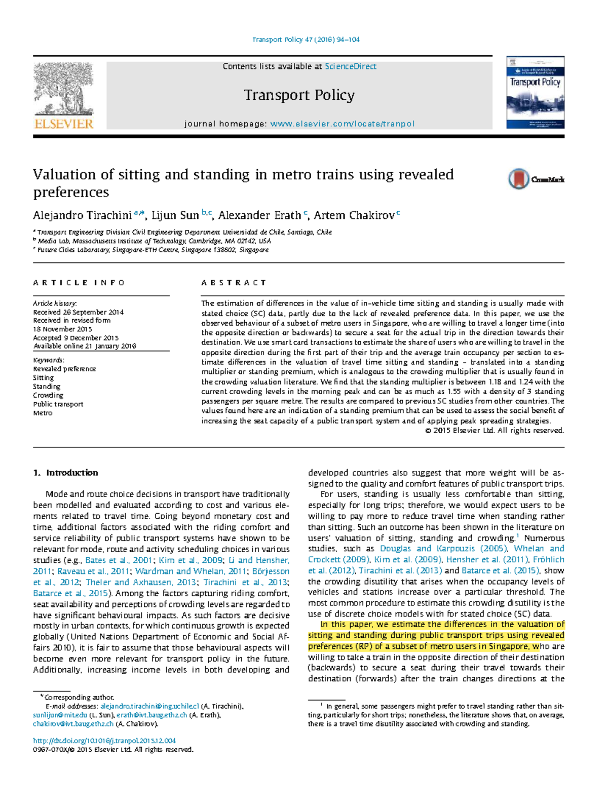 R3: Valuation of Sitting vs. Standing in Metro Trains: A Revealed ...