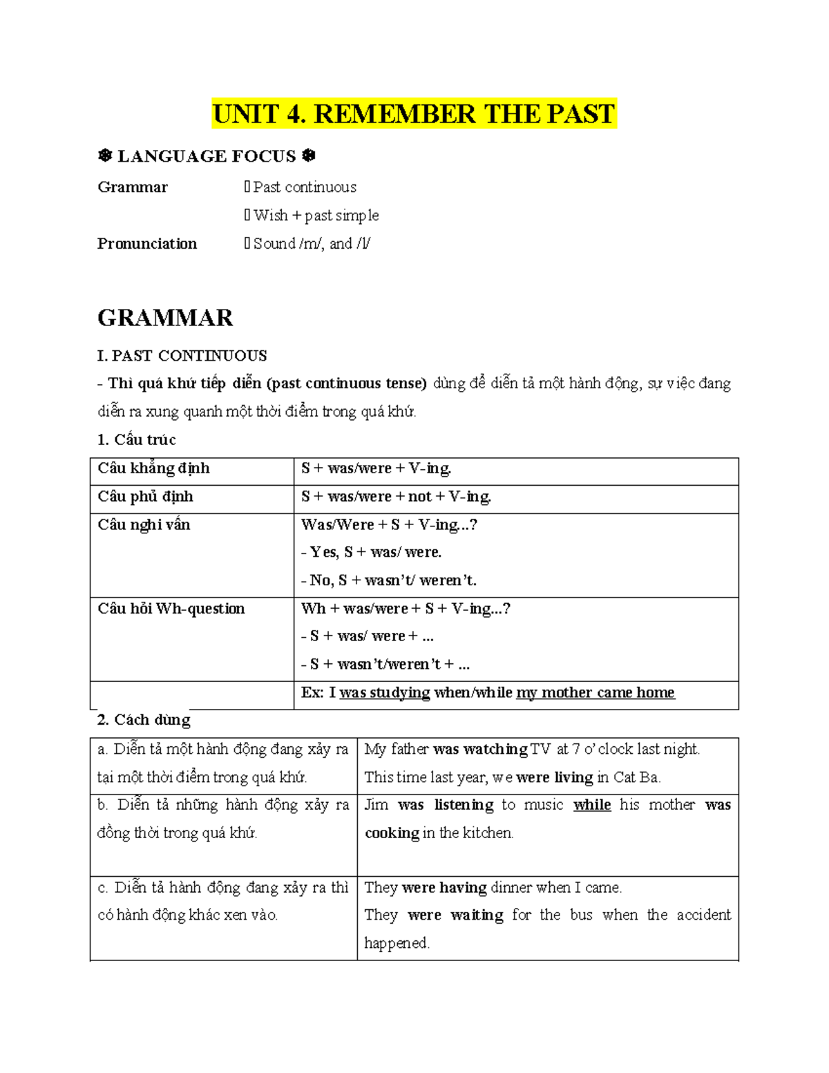 Grammar Focus: Past Continuous & Wish Past Simple (ENG 101) - Studocu
