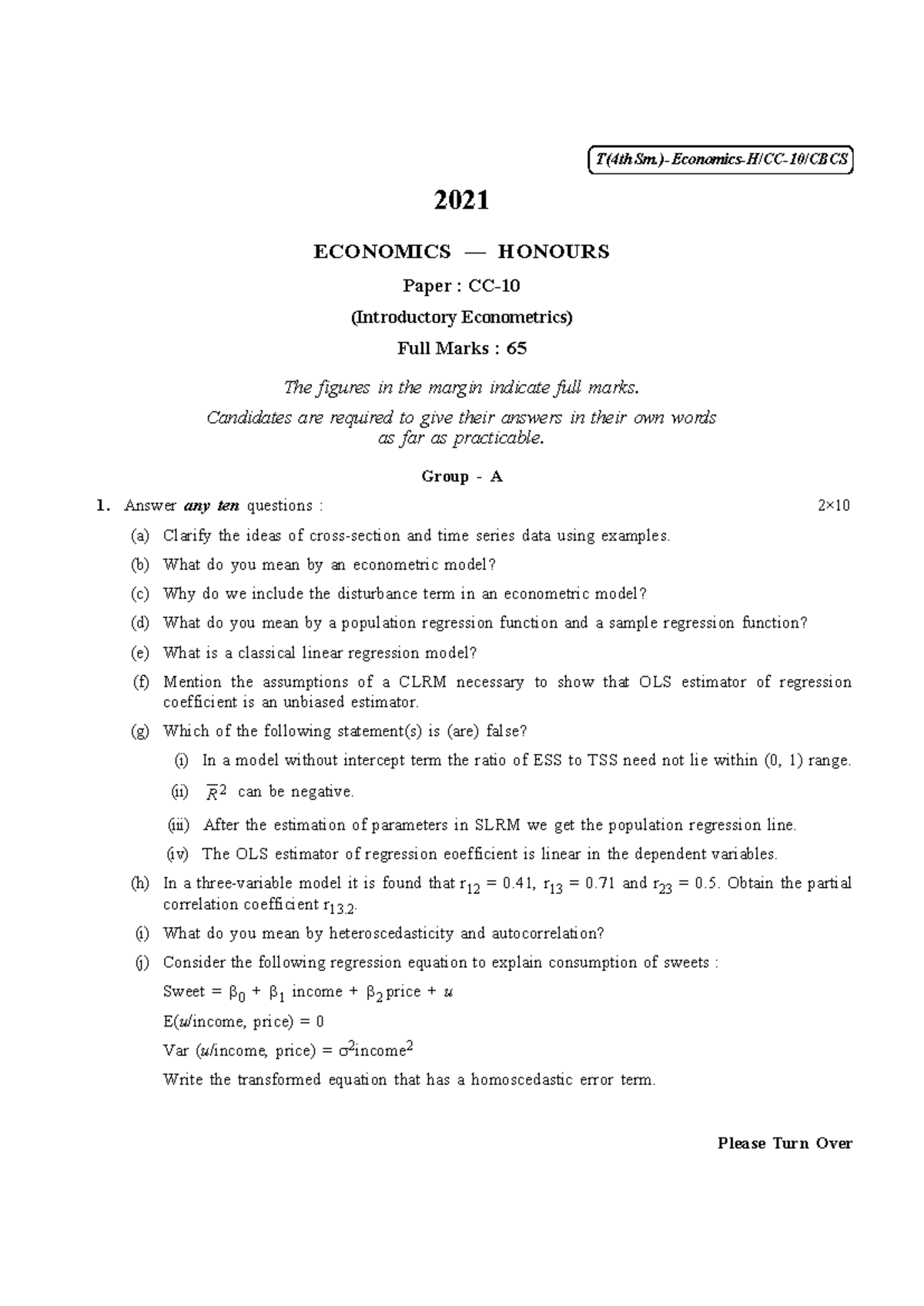 CU-2021 B.A. B - 2021-22 econometrics question paper - ( 1 ) T(4th Sm ...