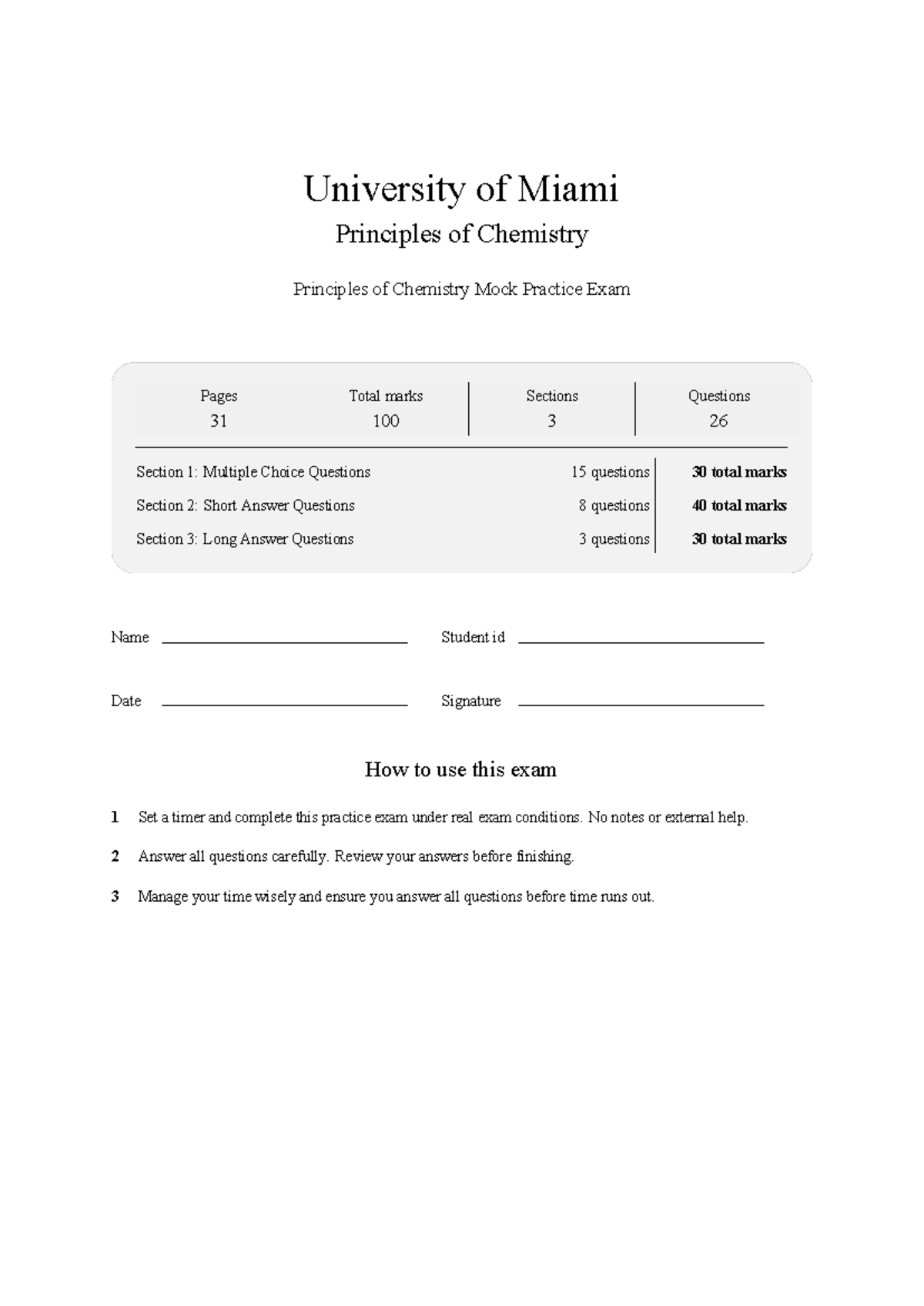 CHM-121 Principles of Chemistry Mock Practice Exam 2026 - Studocu