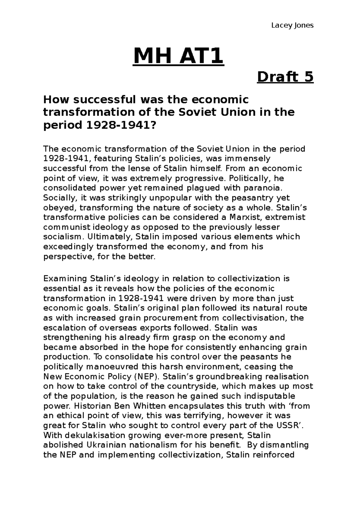 Modern History AT1: Economic Transformation of the Soviet Union Under ...