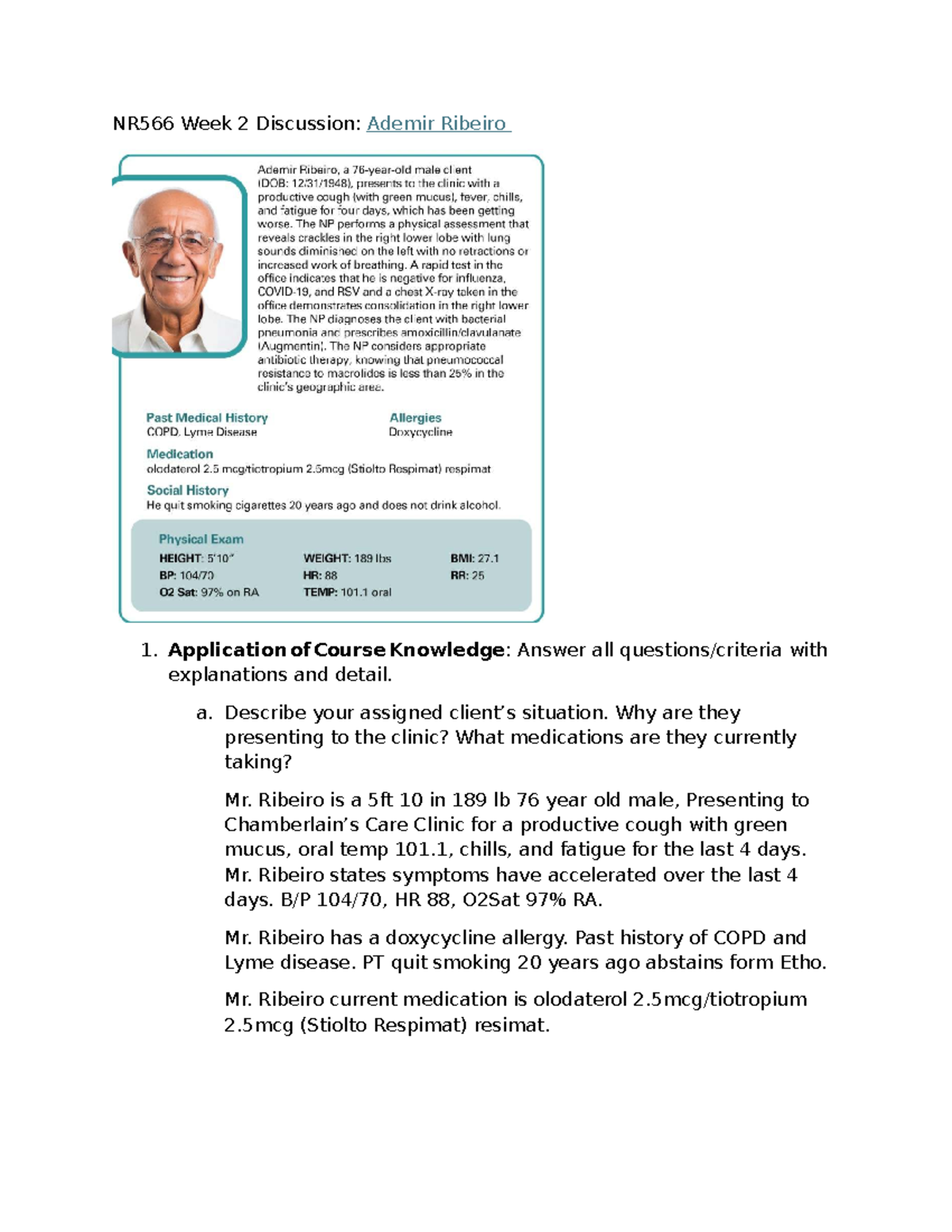 NR566 Week 2 Discussion: Clinical Assessment of Mr. Ademir Ribeiro ...