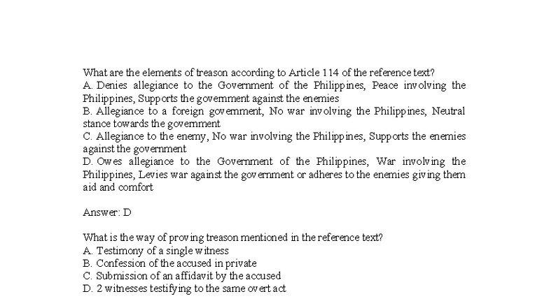 Elements and Proving of Treason: Q&A Assessment - Studocu