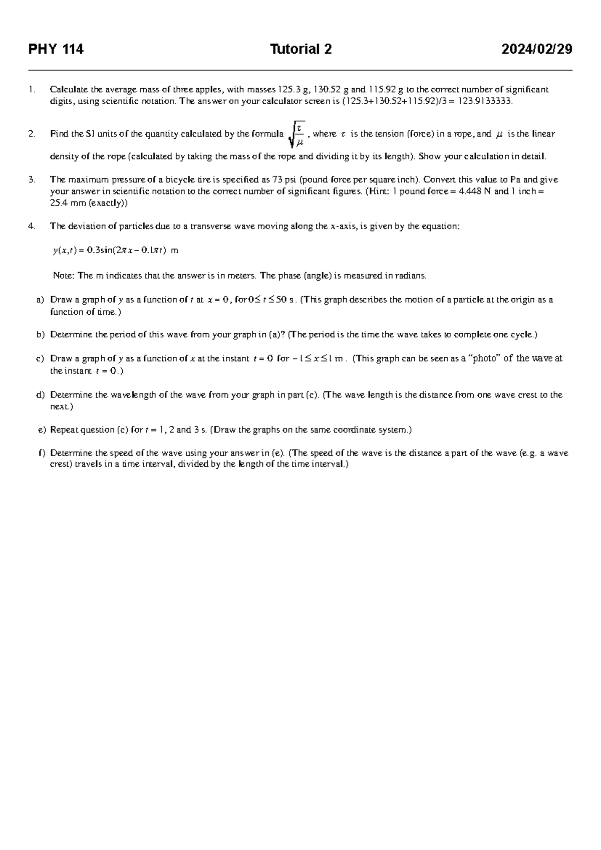 PHY 114 Tutorial 2 Exercises and Solution Memo - 2024 - Studocu