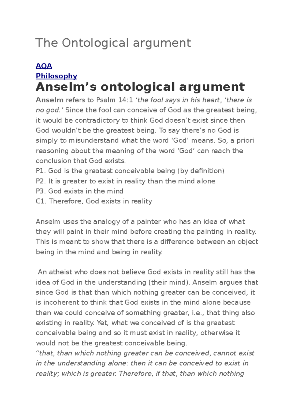 AQA Philosophy: Anselm's Ontological Argument Explained - Studocu