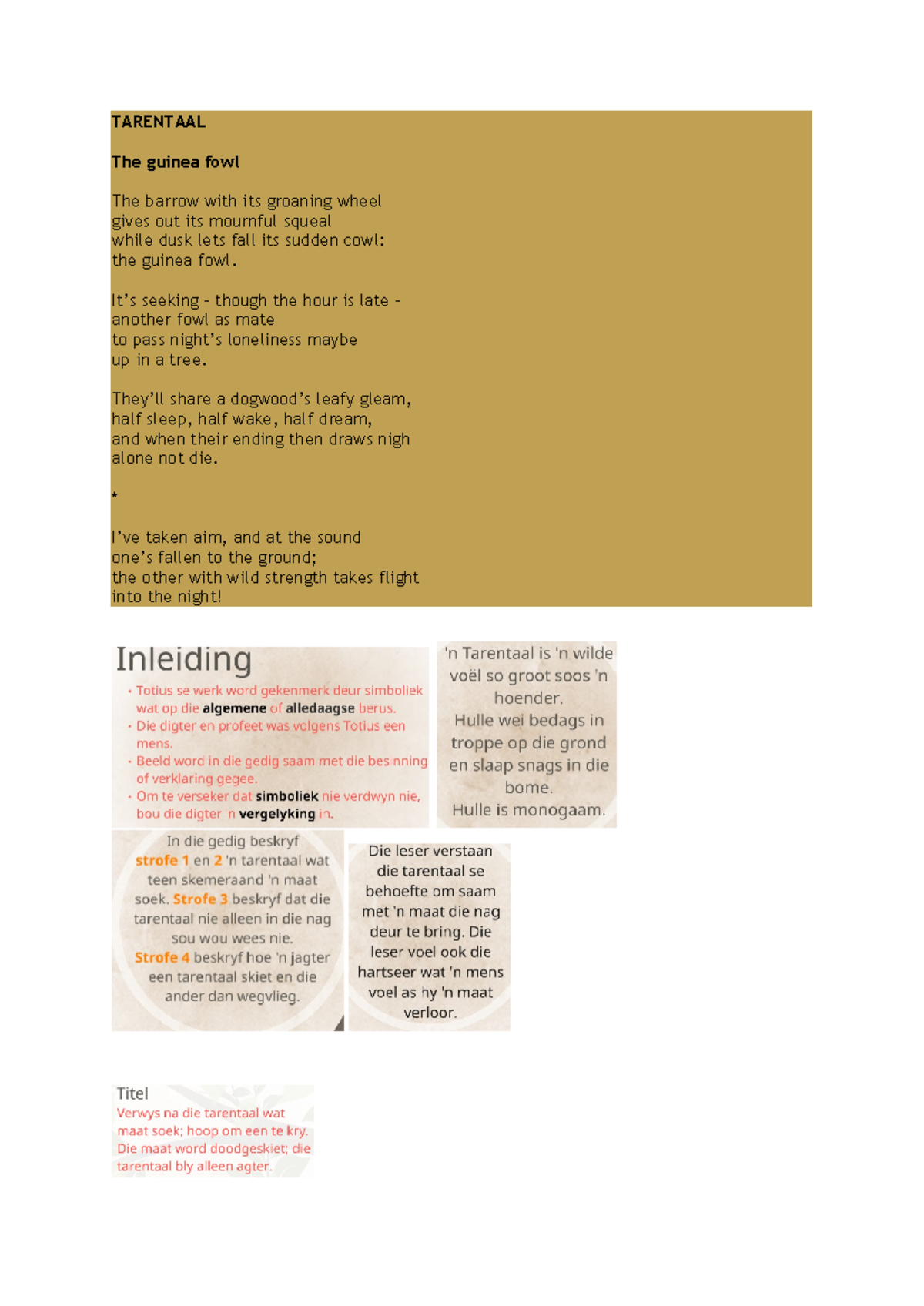 Grade 11 Afrikaans Poem Analysis: 'Tarentaal' Insights and Themes - Studocu