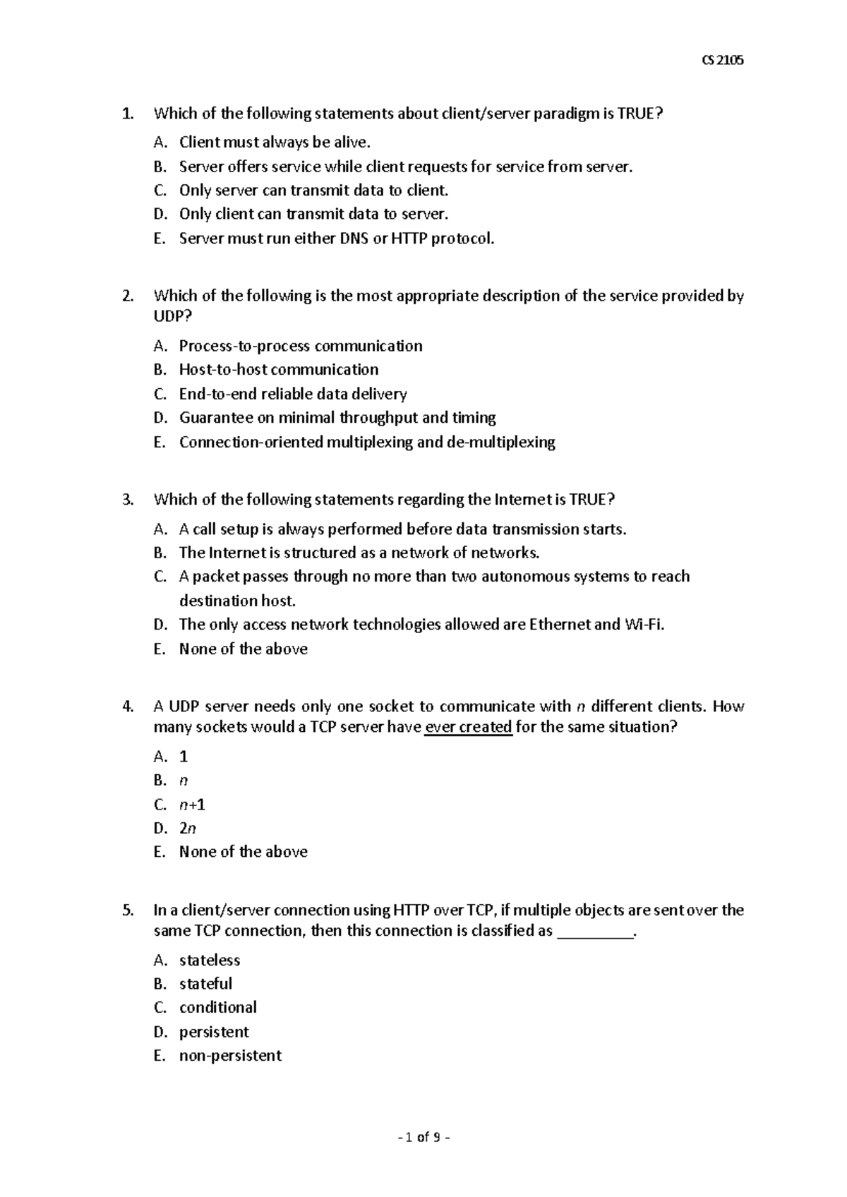 CS2105 Practice Paper 1: Networking Concepts and Protocols - Studocu