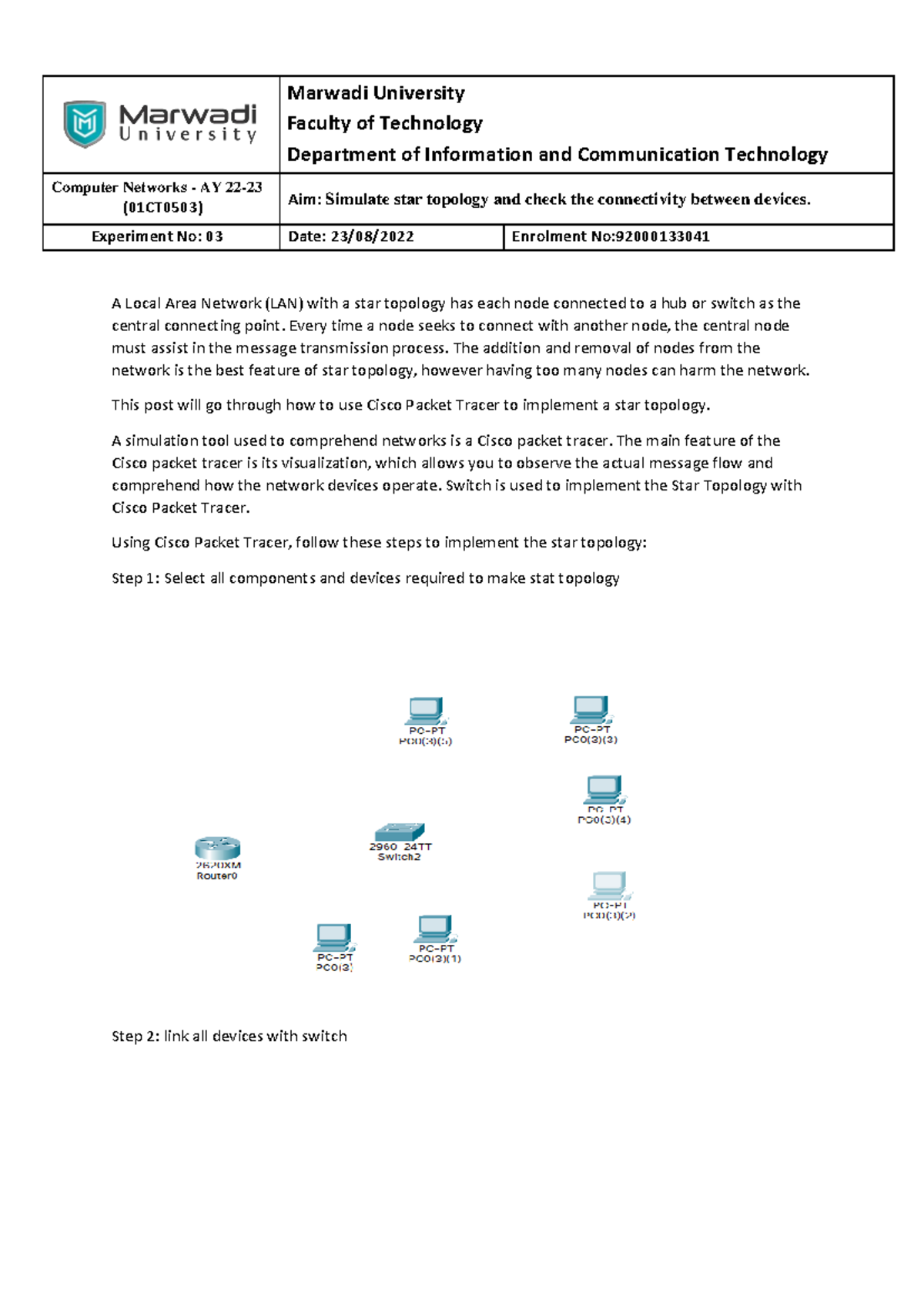 Experiment 3 CN-star topology - Faculty of Technology Department of Information and ...