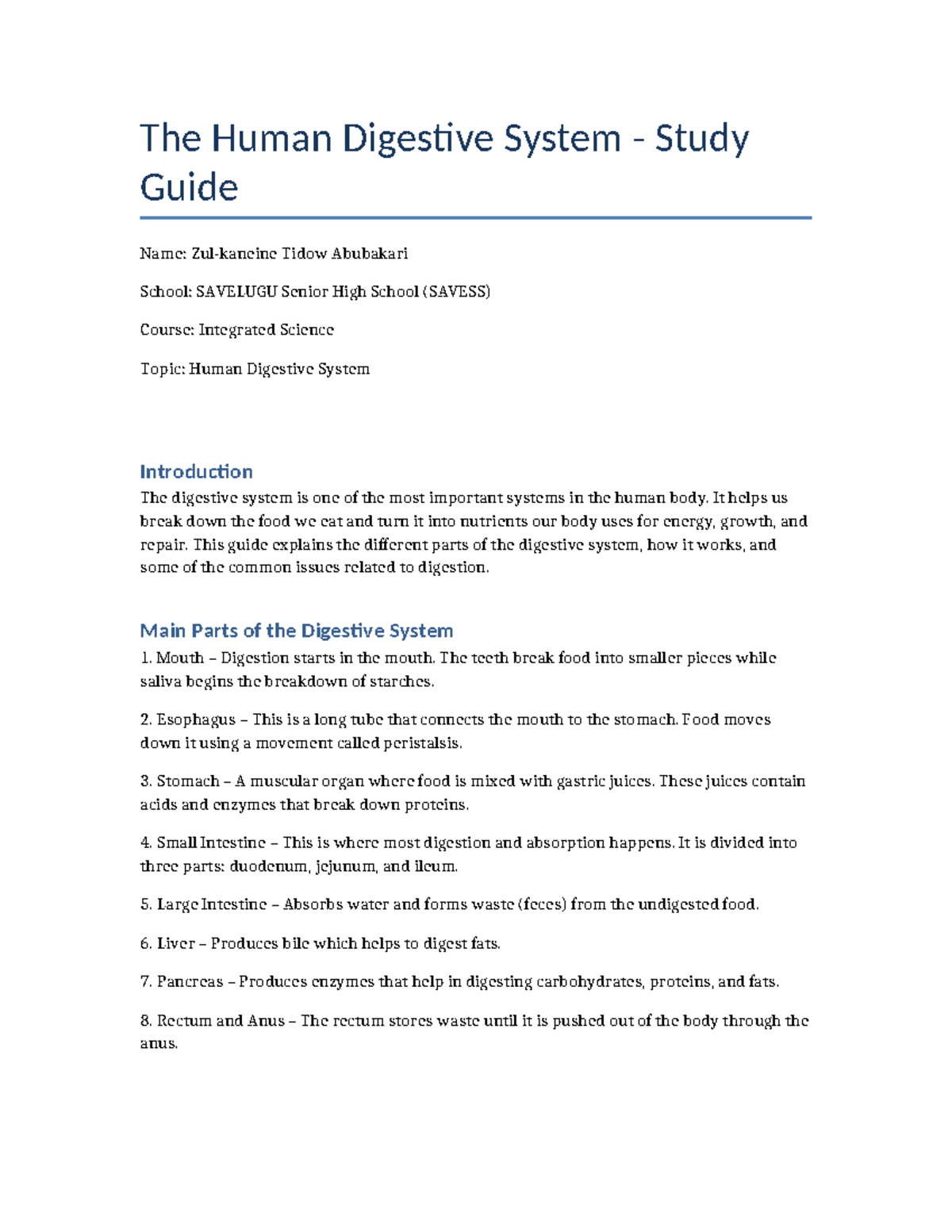 Integrated Science Study Guide: The Human Digestive System - Studocu
