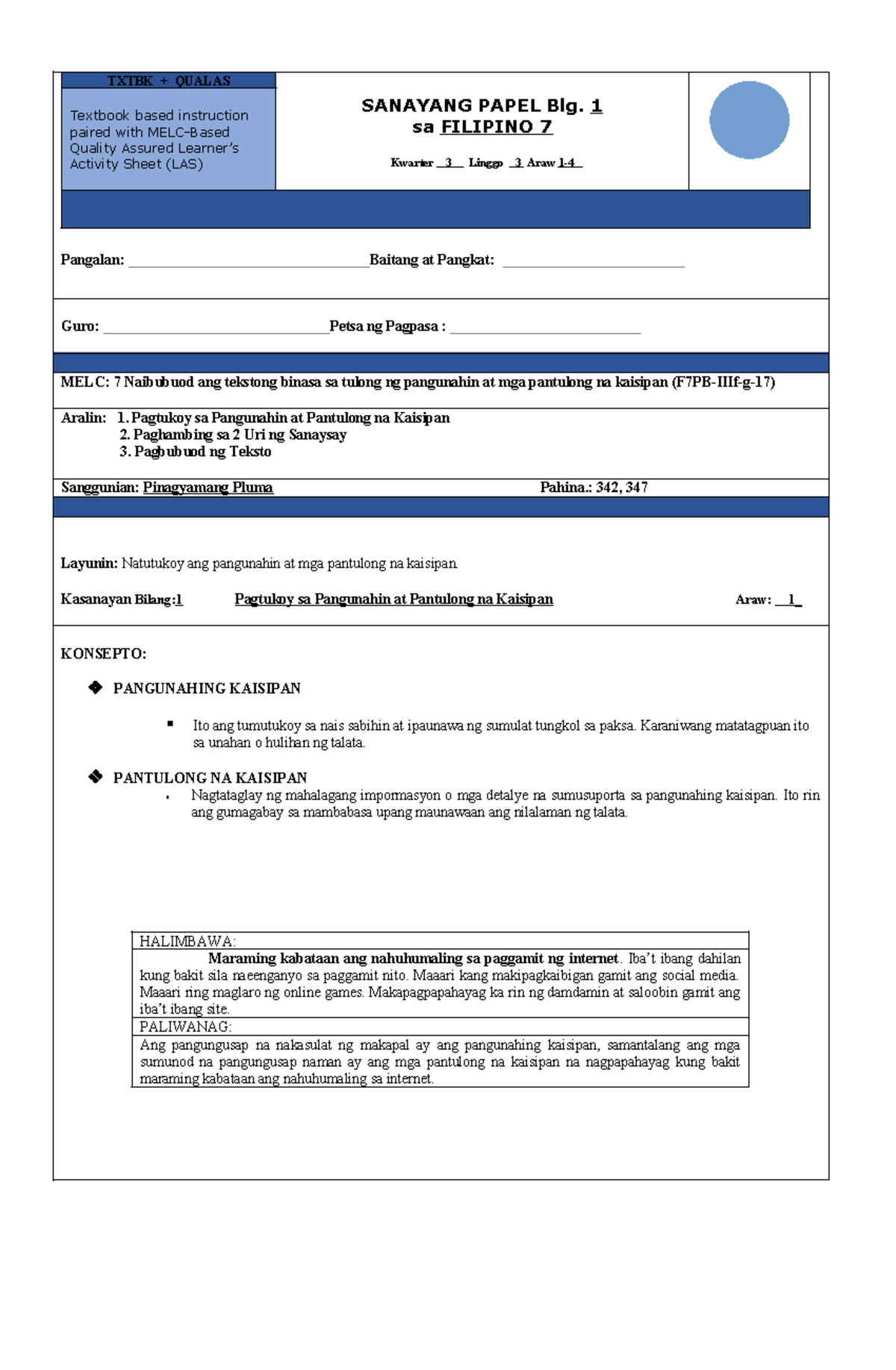 LAS Q3 Filipino 7 WEEK3 - LEARNING ACTIVITY SHEETS - TXTBK + QUALAS SANAYANG PAPEL Blg. 1 sa ...
