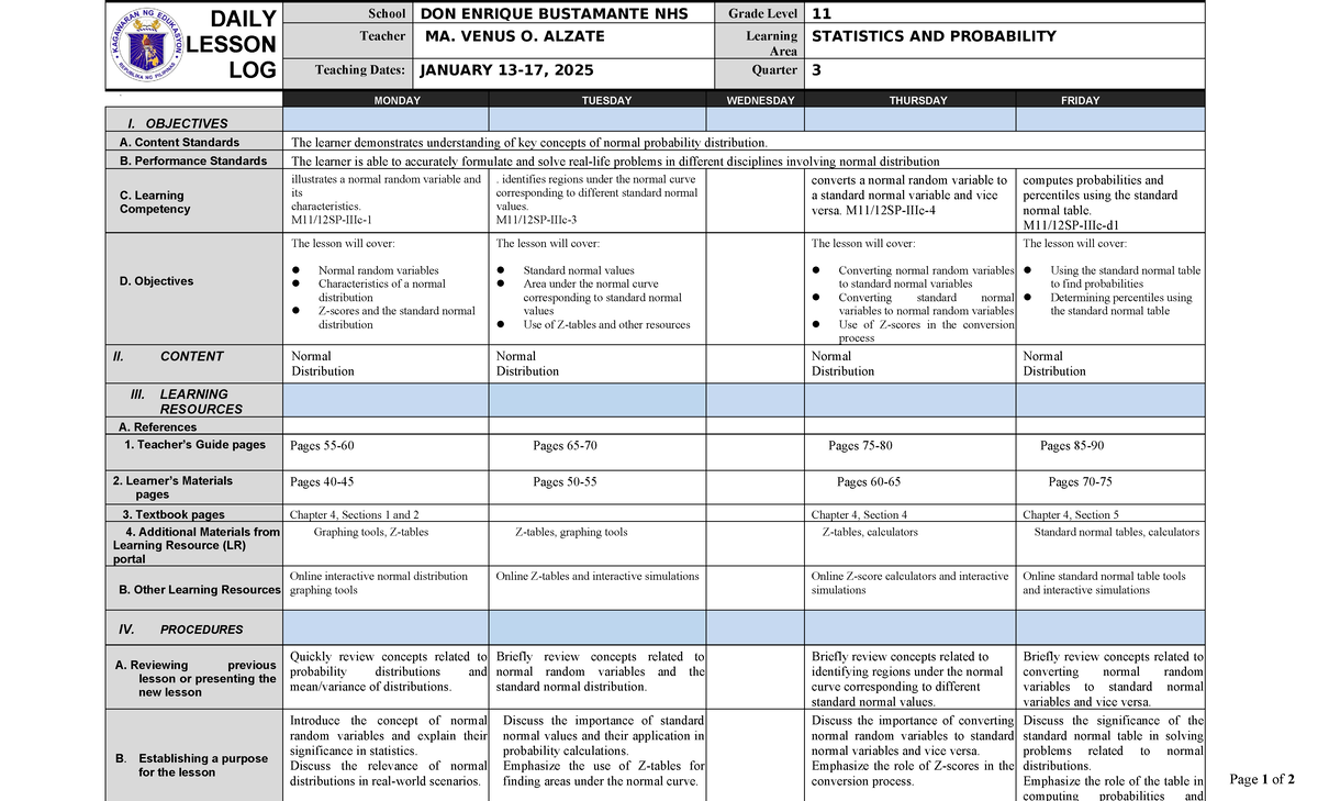 DLL-Grade-11 Q3 WEEK4 - DLL - Page 1 of 2 DAILY LESSON LOG School DON ENRIQUE BUSTAMANTE NHS ...