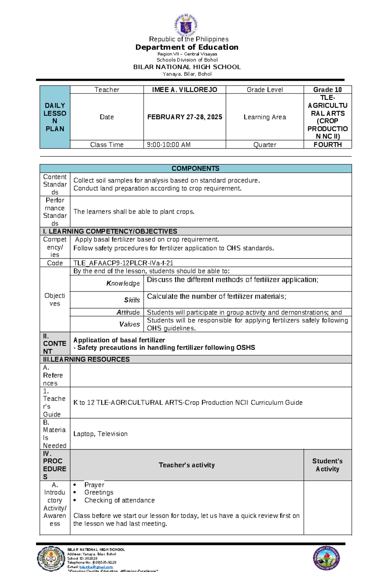 DLP: Application of Basal Fertilizer for Grade 10 TLE (Agricultural ...