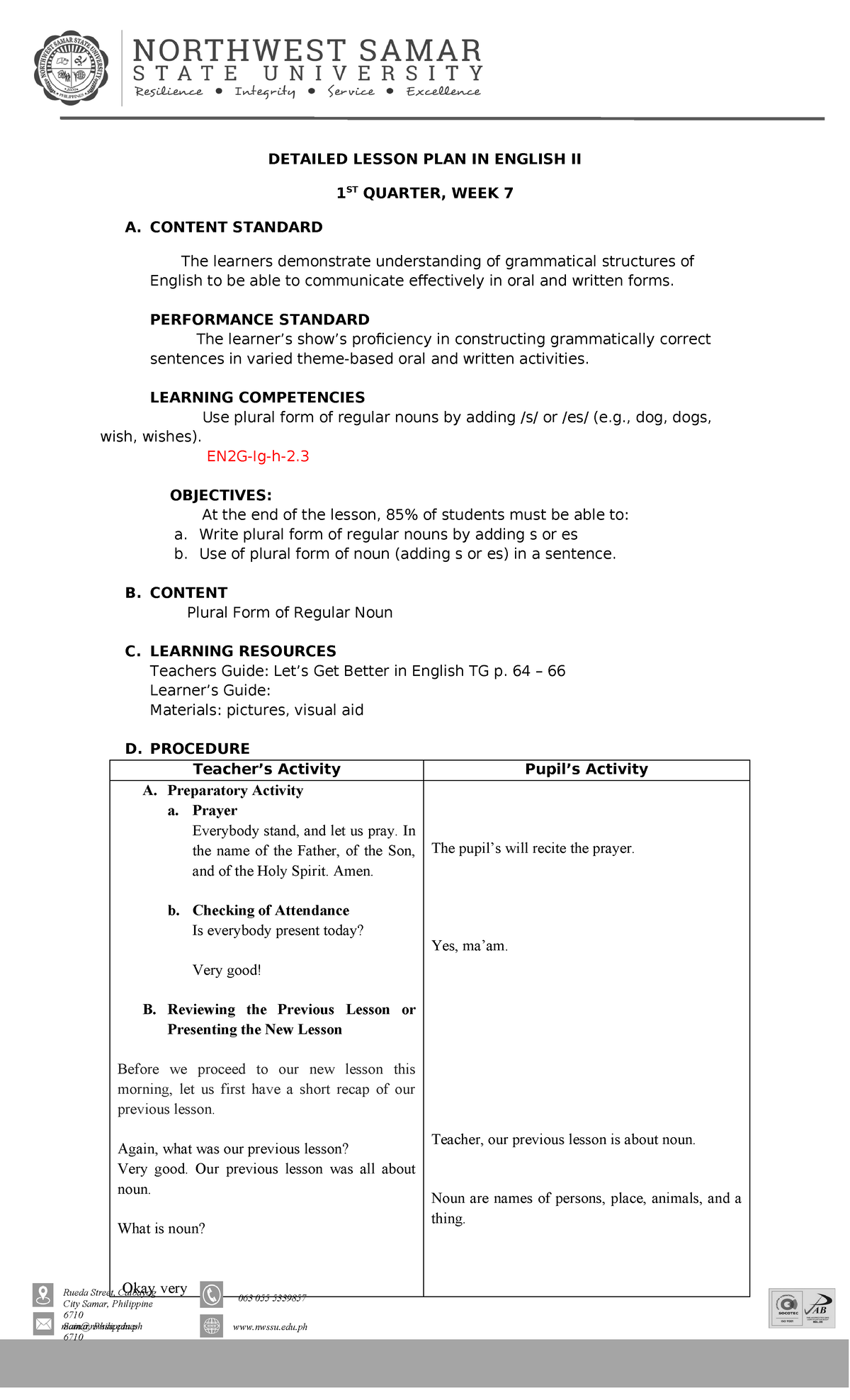 Detailed Lesson Plan: Plural Forms of Regular Nouns in English II - Studocu