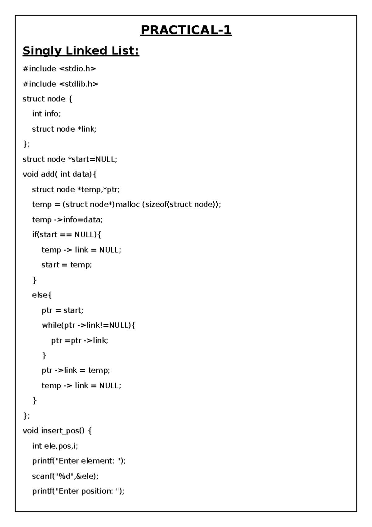 Ds file - data structure file - PRACTICAL- Singly Linked List: #include ...