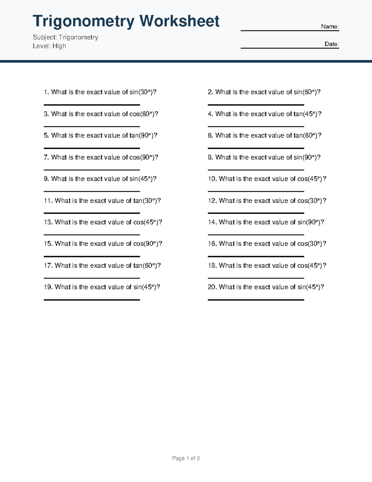 Trigonometry Worksheet 2: Exact Value Problems - Studocu