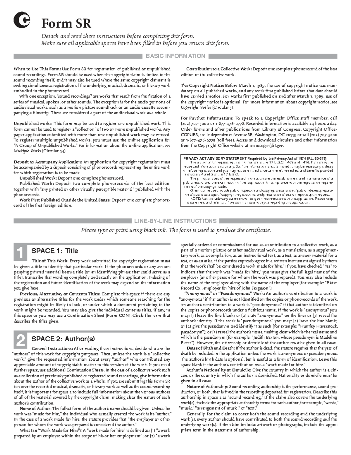 Form SR Instructions for Copyright Registration of Sound Recordings ...