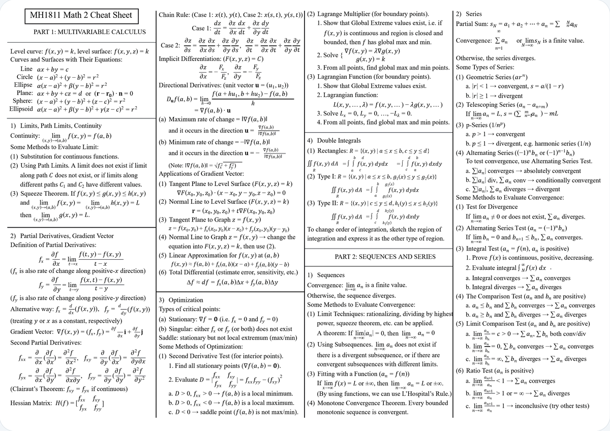 MH1811 Math 2 Cheat Sheet: Multivariable Calculus & Series - Studocu