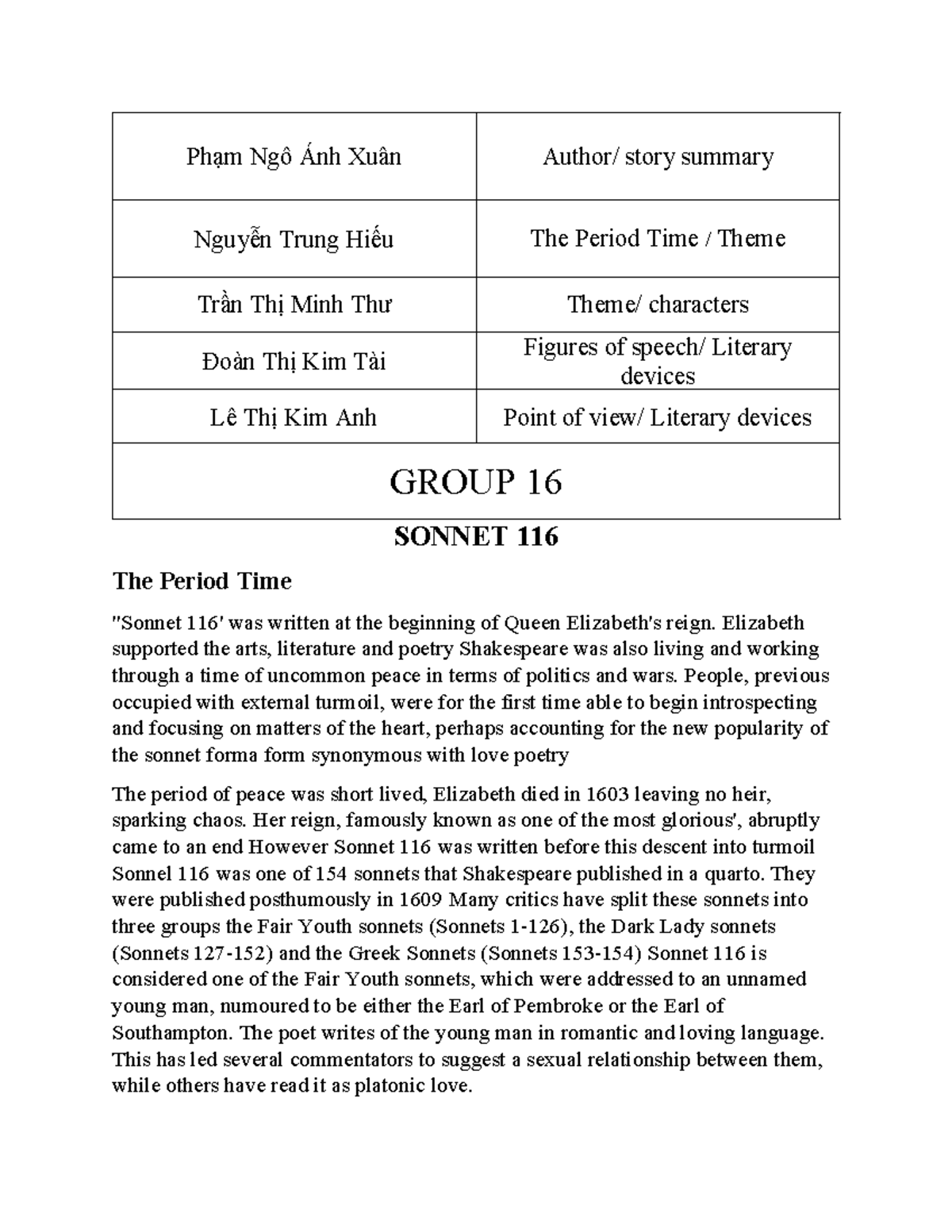 Sonnet 116 Analysis and Themes - Group 16 - Studocu