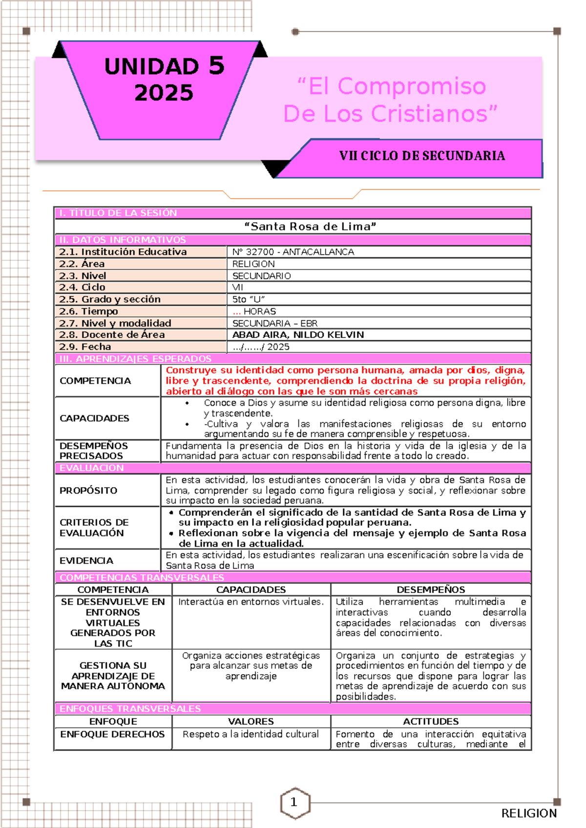 5to° SESIÓN DE APRENDIZAJE EN RELIGIÓN - UNI 5 - 2025 - Studocu
