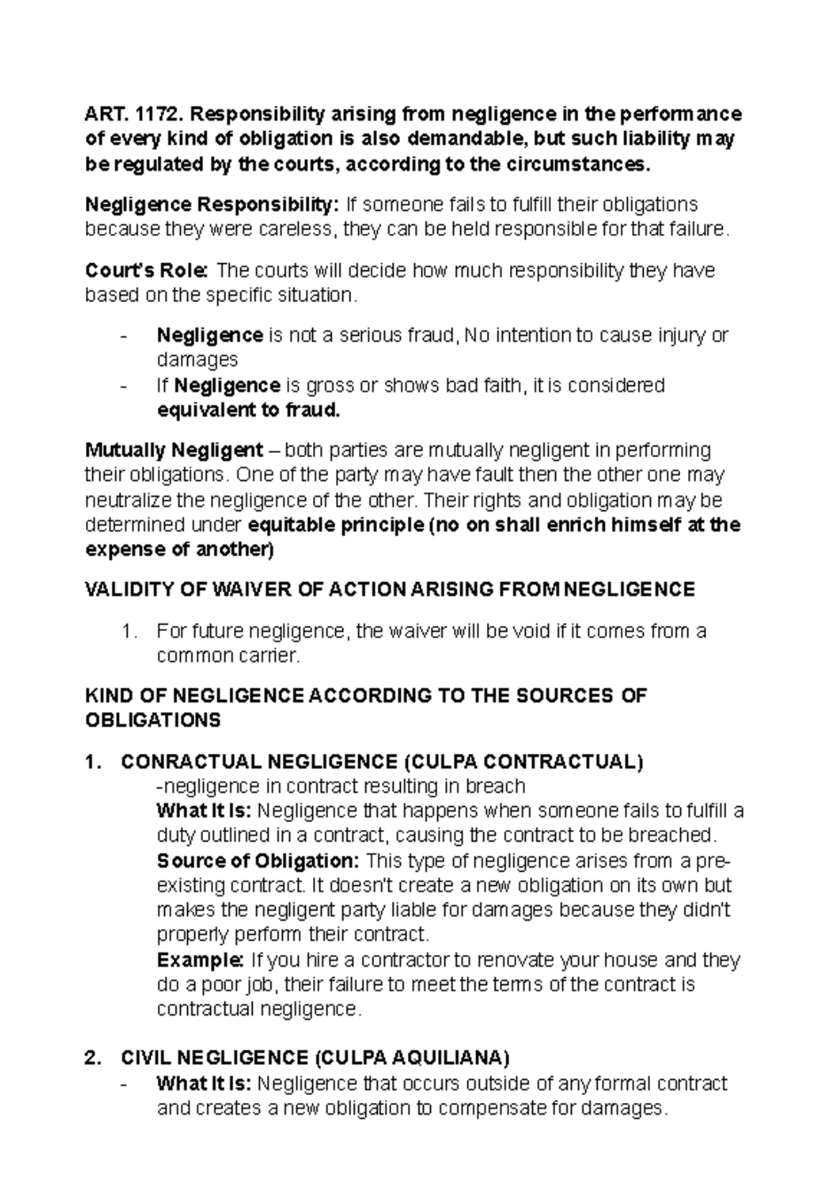 Summary of Articles 1163-1178: Key Concepts in Negligence and ...