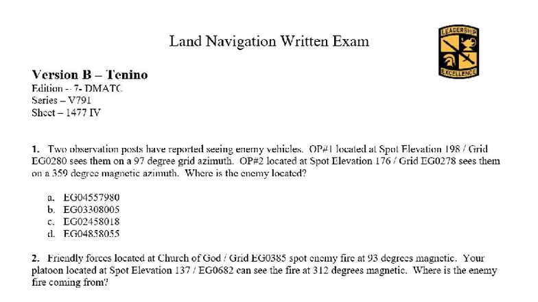 LAND NAV Written Exam V791 Version B - Tenino - Studocu