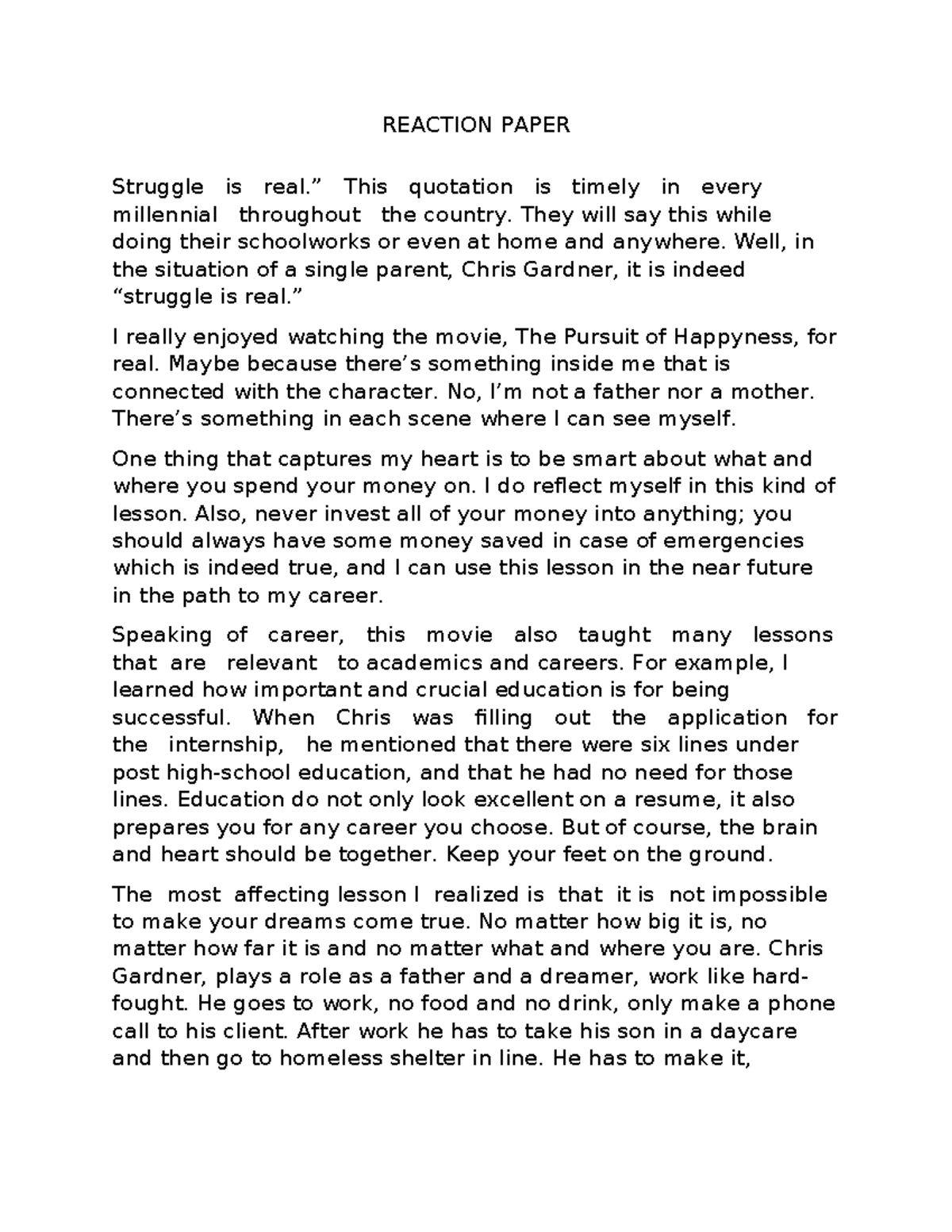 Reaction Paper on The Pursuit of Happyness: Lessons Learned - Studocu