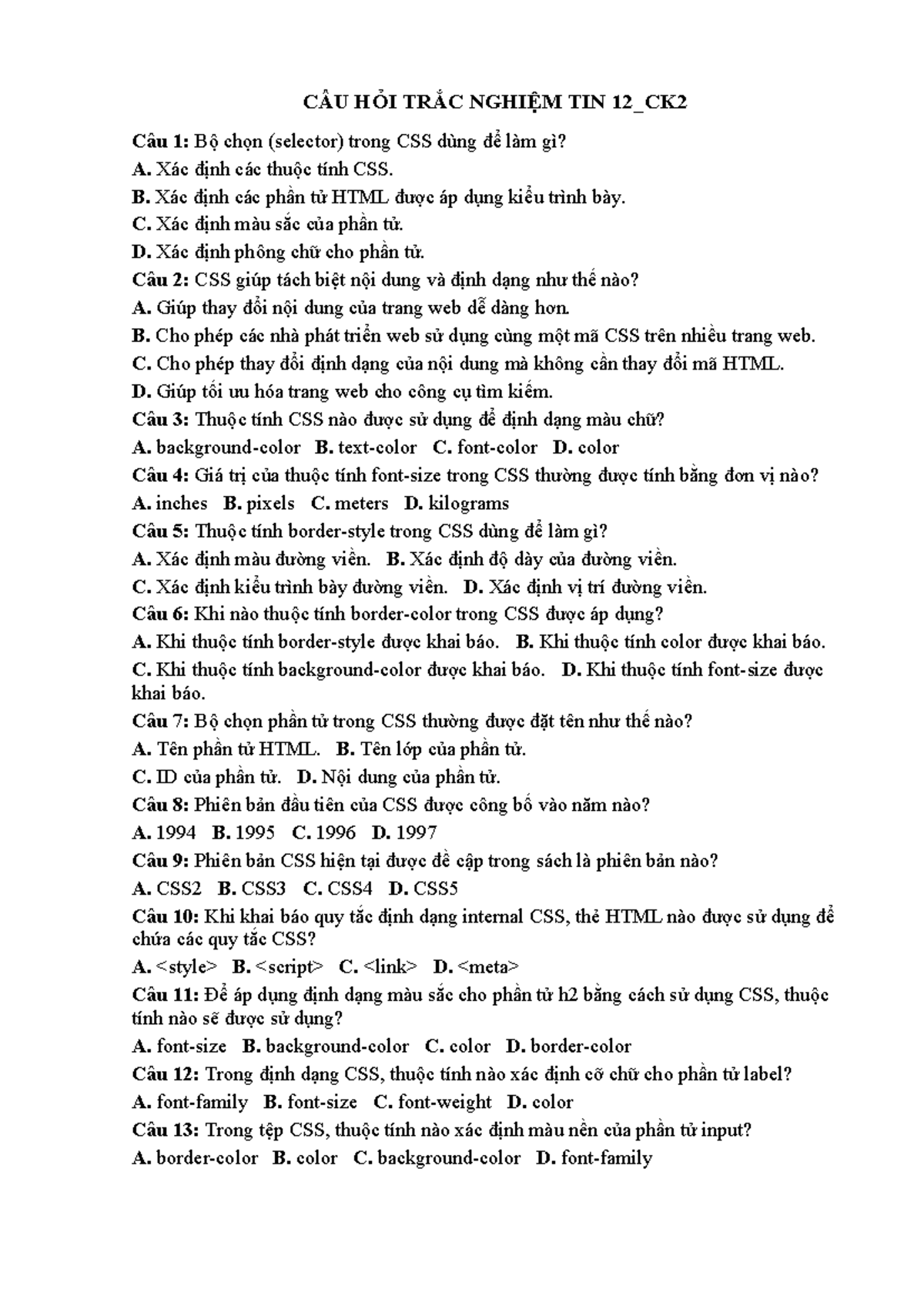 CÂU HỎI TRẮC NGHIỆM TIN 12_CK2 - Ôn Tập Kiến Thức CSS - Studocu