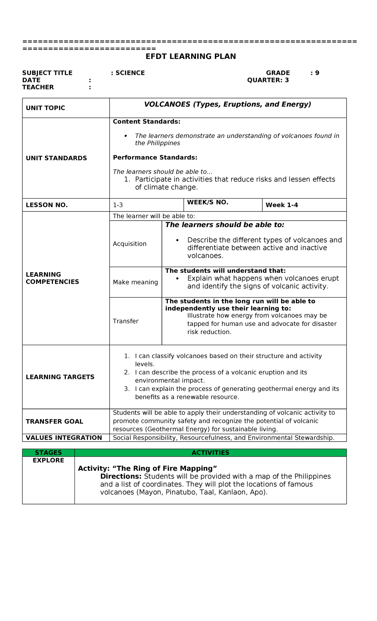 EFDT-LP Q3: Volcanoes - Types, Eruptions, and Energy Lesson Plan - Studocu