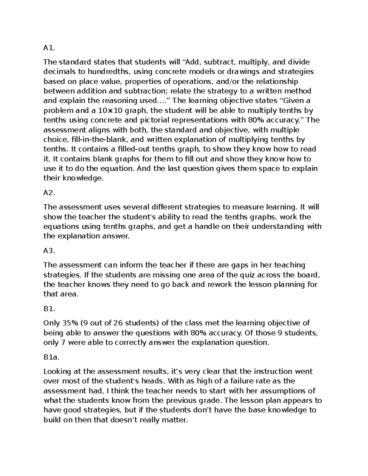 D091 Task 3 - Assessment Strategies for Teaching Tenths and Decimals ...