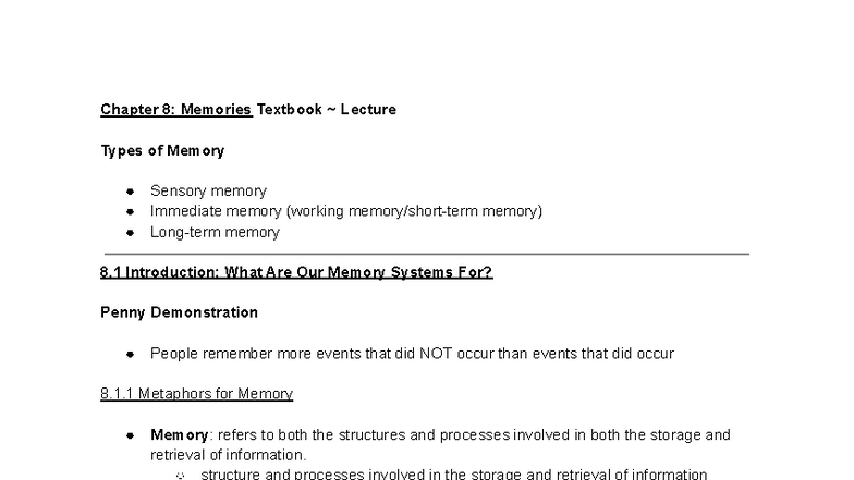 PSYA01 Chapter 8: Understanding Memory Systems and Processes - Studocu