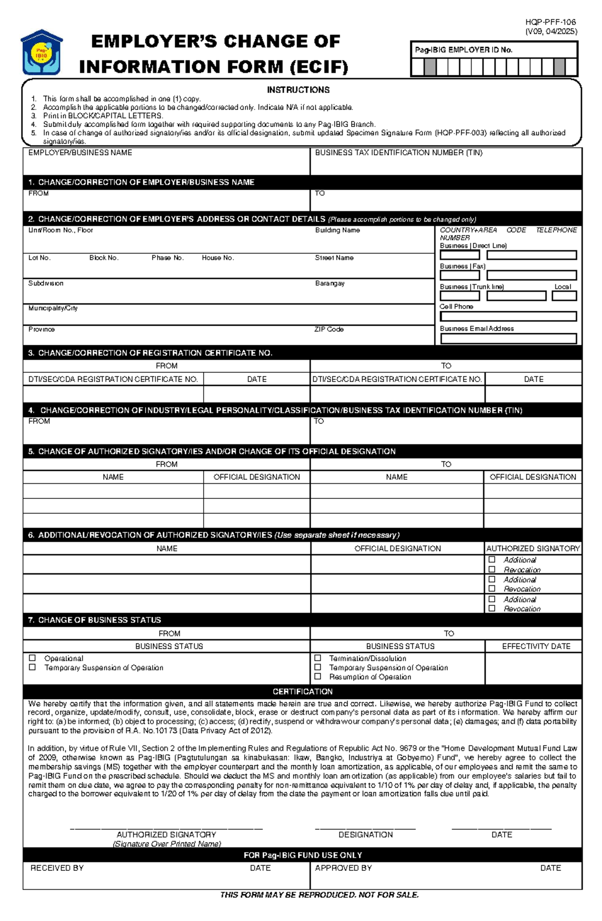 PFF106 Employers Change Information Form V09 Instructions and ...