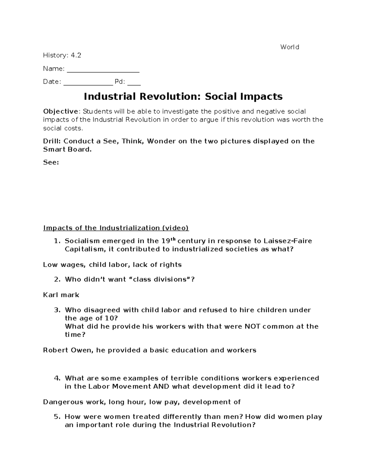 Industrial Revolution: Social Impacts Lesson Packet (HIST 4.2) - Studocu