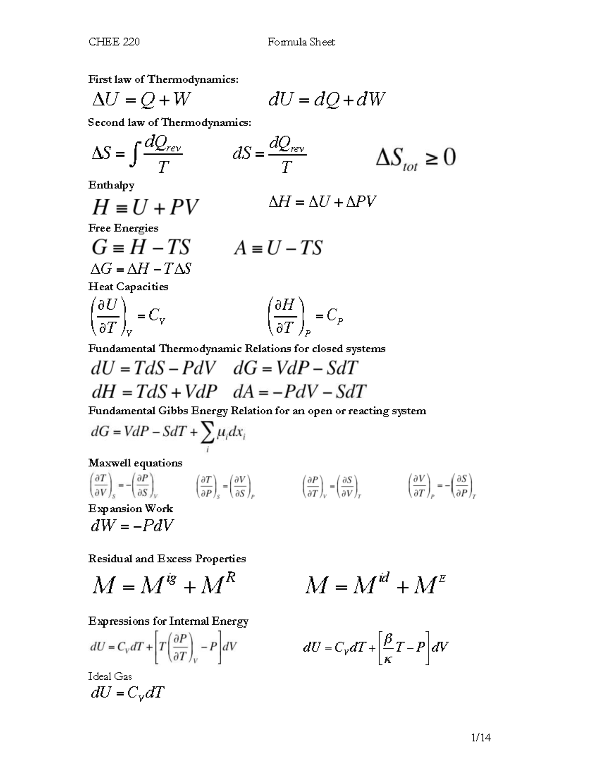 CHEE 220 Final Exam Formula Sheet: Thermodynamics Essentials - Studocu