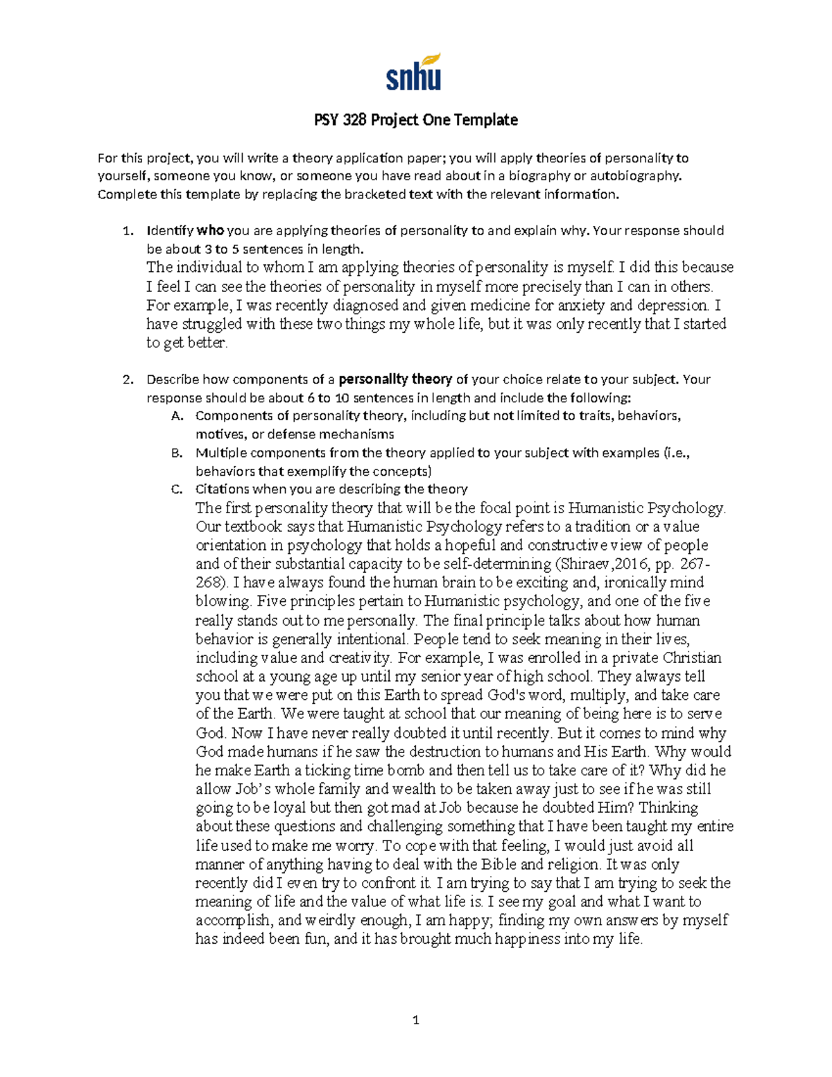 PSY 328 Project One: Personality Theories Application Template - Studocu