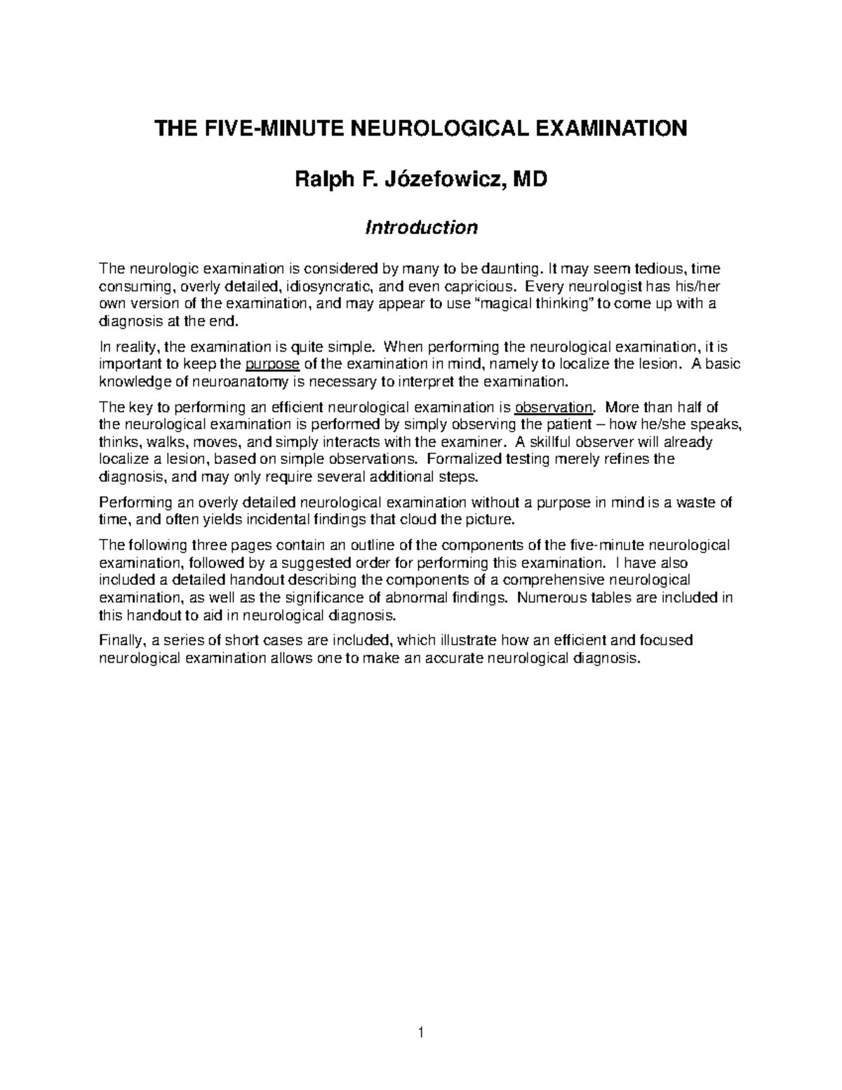 5 minute neuro exam handout - THE FIVE-MINUTE NEUROLOGICAL EXAMINATION ...