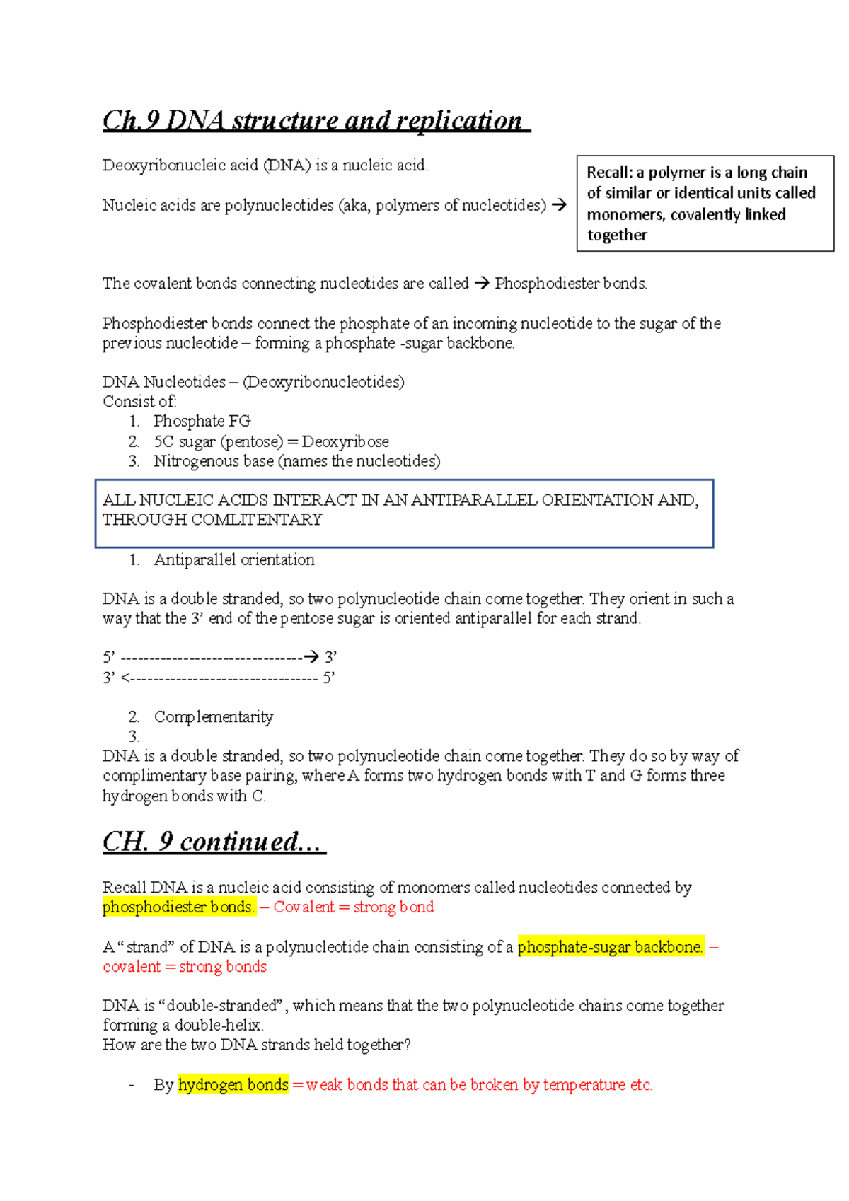 Ch.9 DNA structure and replication (notes) - Ch DNA structure and ...
