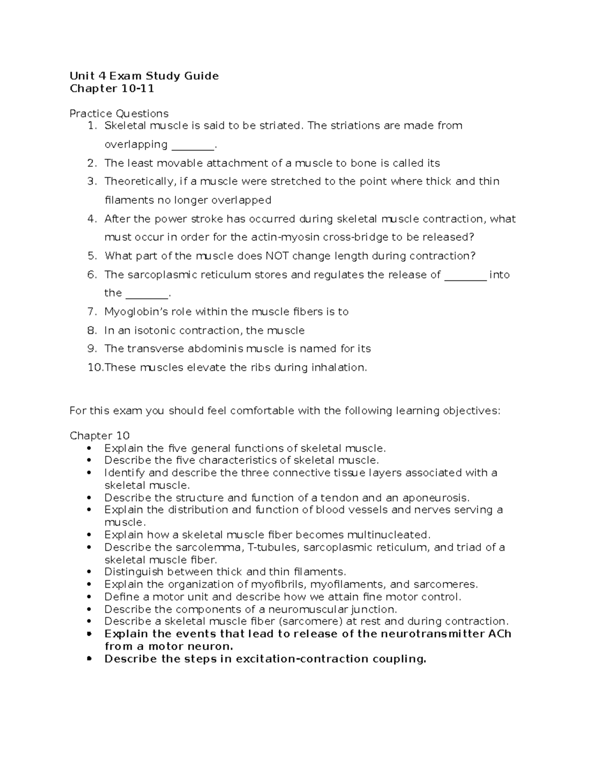 Skeletal Muscle Study Guide for Unit 4 Exam: Chapters 10-11 - Studocu
