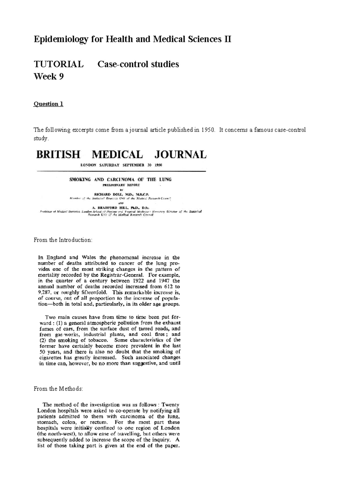 Epidemiology for Health and Medical Sciences II TUTORIAL Week 9 ...