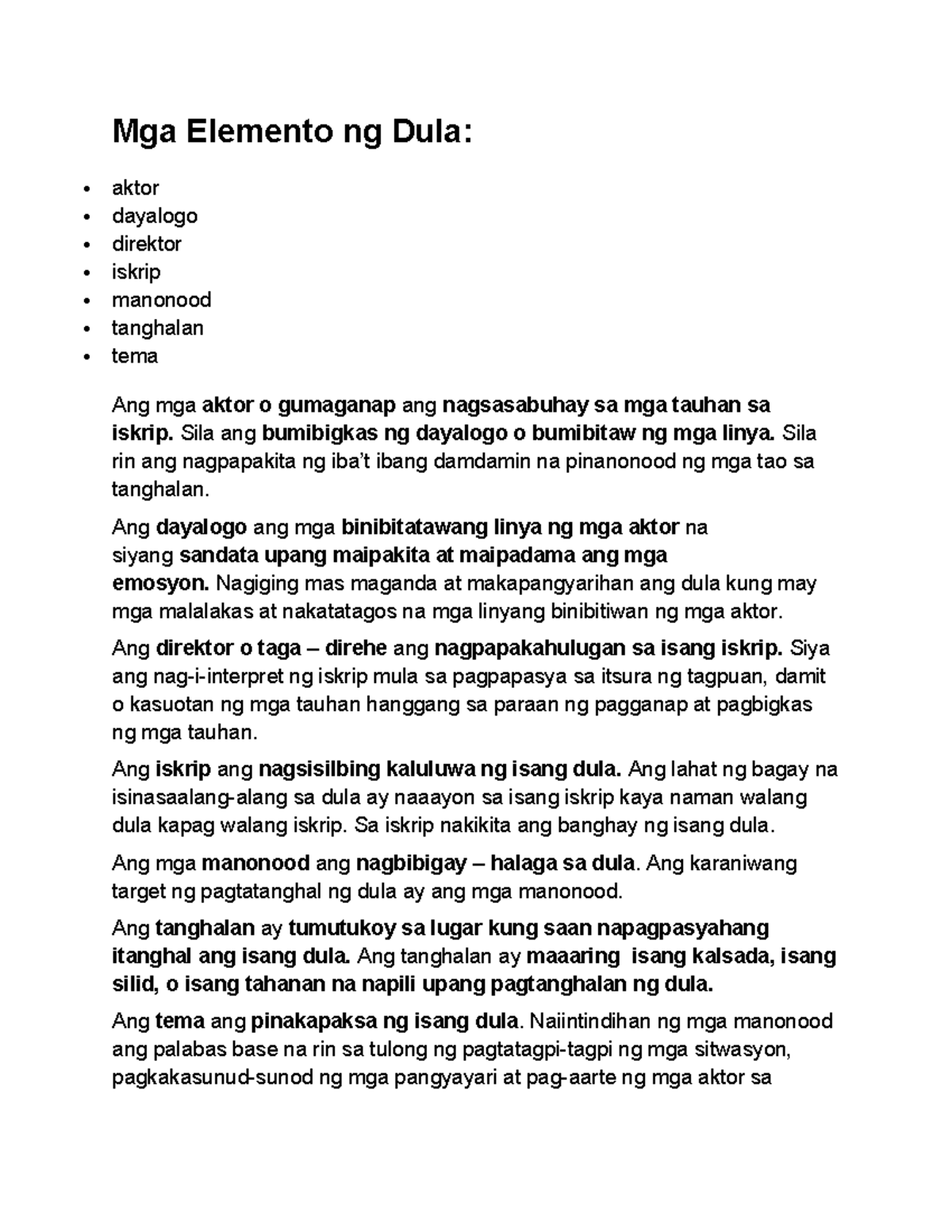 Mga Elemento ng Dula: Isang Pagsusuri sa mga Aspekto ng Dula - Studocu