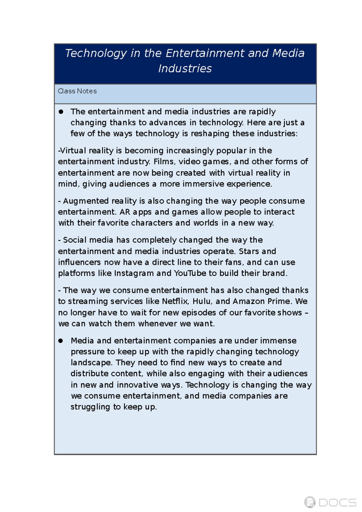 Technology's Impact on Entertainment & Media Industries - Class Notes ...