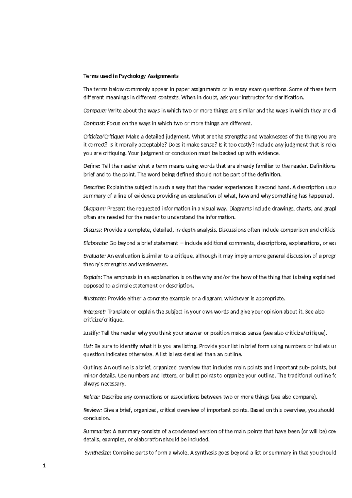 Psychology Essay Writing Guidelines: Key Terms & Techniques (PSYCH 1009 ...