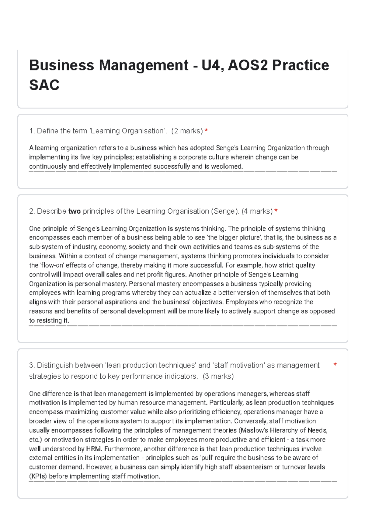 Business Management U4, AOS2 Practice SAC 1: Learning Organizations ...