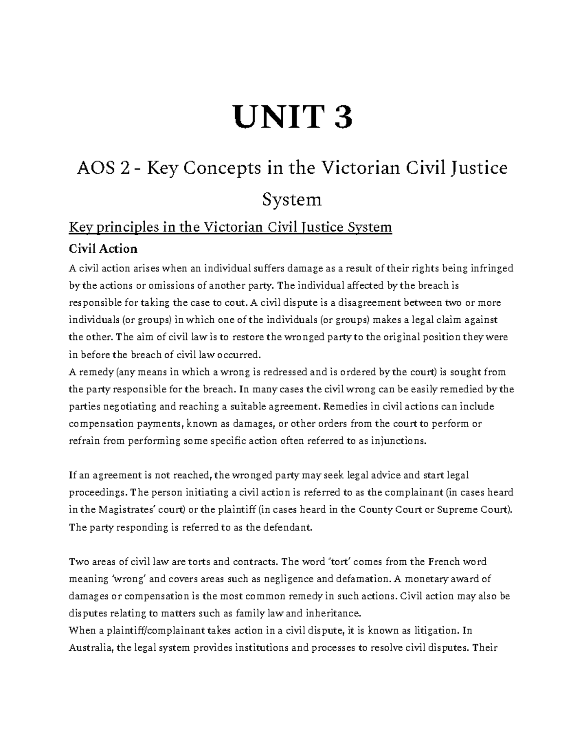 Key Concepts in the Victorian Civil Justice System (AOS 2) - Unit 3 ...